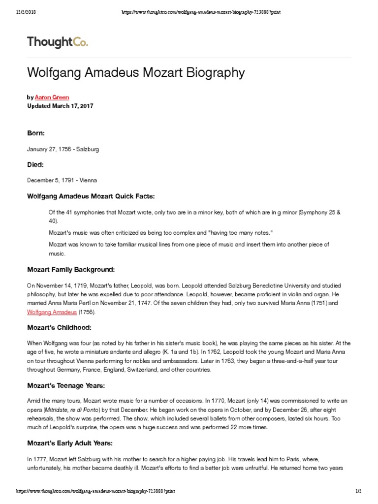 Wolfgang Amadeus Mozart Biography: Born | PDF | Wolfgang Amadeus Mozart ...