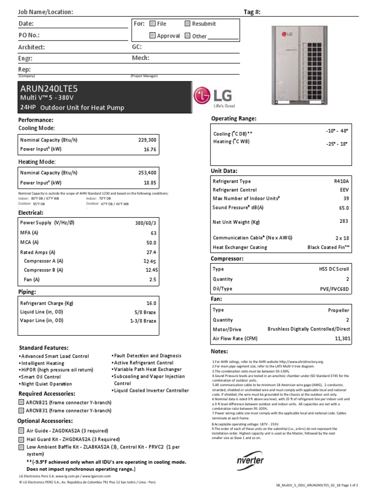 ARUN240LTE5 | PDF | Air Conditioning | Electrical Engineering