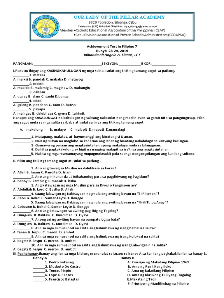 Diagnostic Exam Sa Filipino 7 | PDF