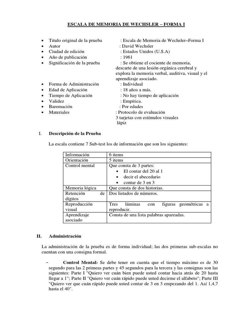 Escala De Memoria De Wechsler – Forma I | Aprendizaje | Cognición