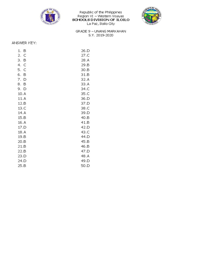Grade 9 Answer Key - S.Y. 2019-2020 | PDF | Travel