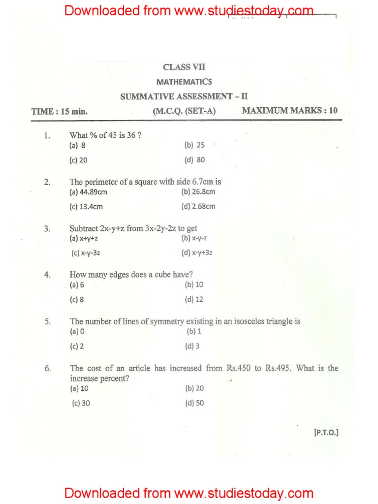 CBSE Class 7 Mathematics MCQs PDF | PDF