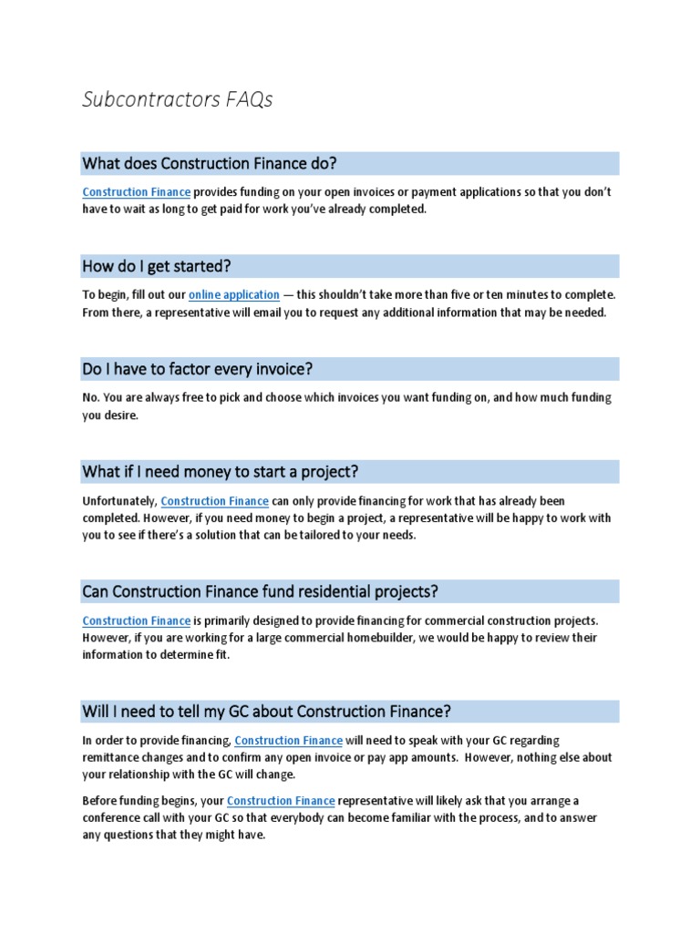 Subcontractors Faqs: What Does Construction Finance Do? | PDF