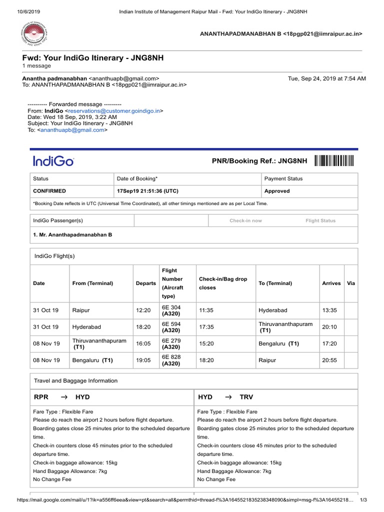 FWD: Your Indigo Itinerary - Jng8Nh: Reservations@Customer - Goindigo ...