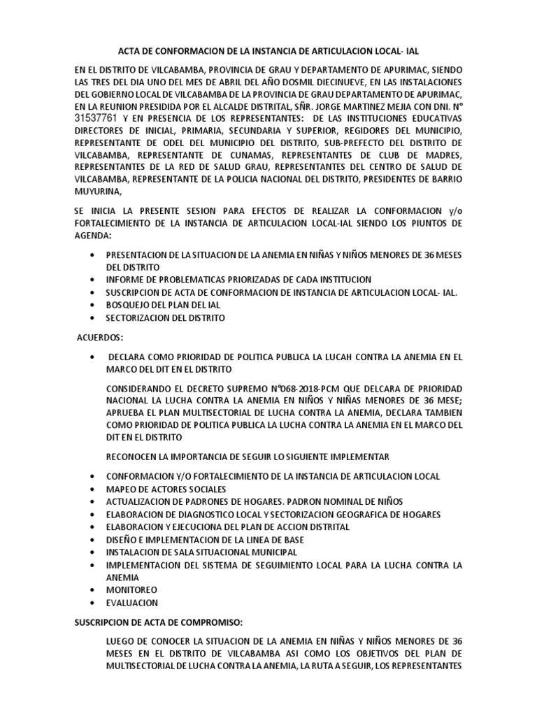 Acta de Conformacion de La Instancia de Articulacion Local | PDF ... Acta de Conformacion de La Instancia de Articulacion Local | PDF ...