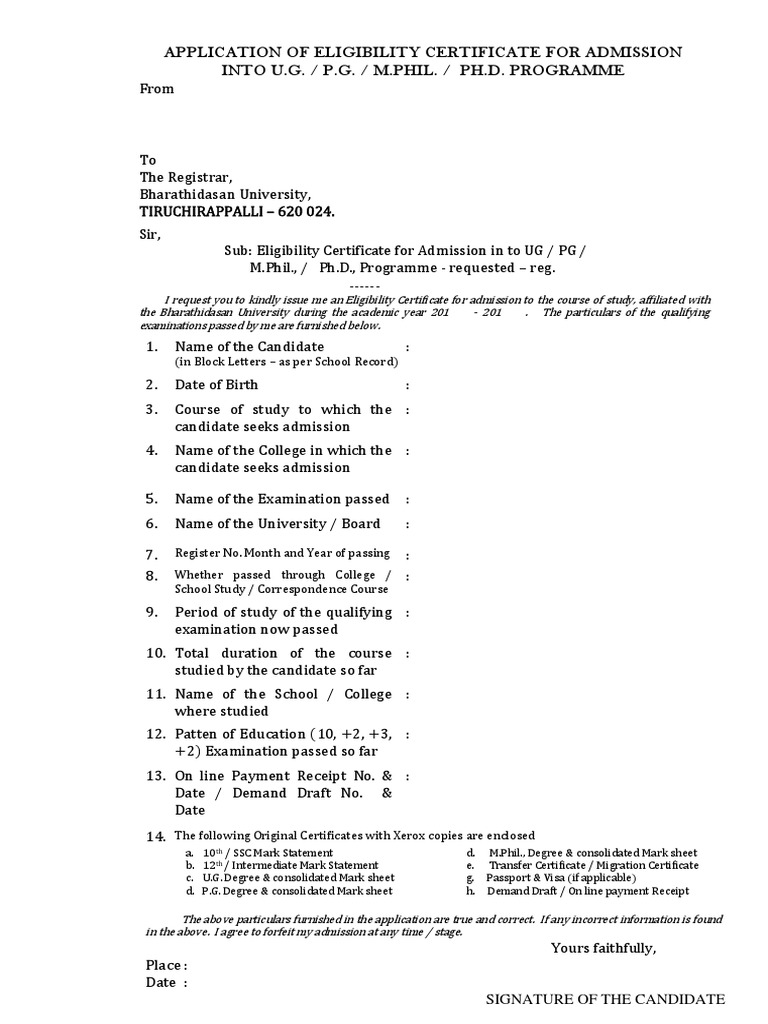 Application of Eligibility Certificate For Admission | PDF ...