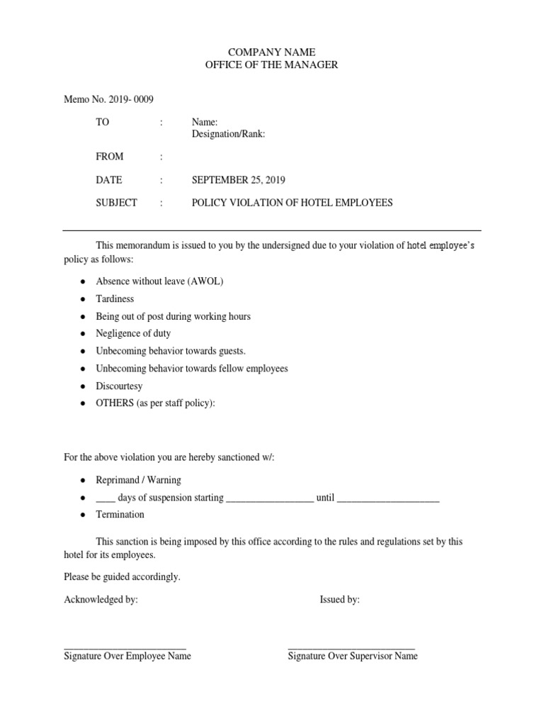 Policy Violation Memo: Hotel Employee Sanctioned for Multiple ...
