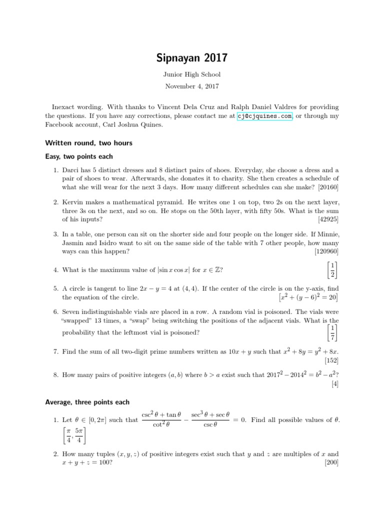 Sipnayan 2017: Written Round, Two Hours | PDF | Triangle | Area