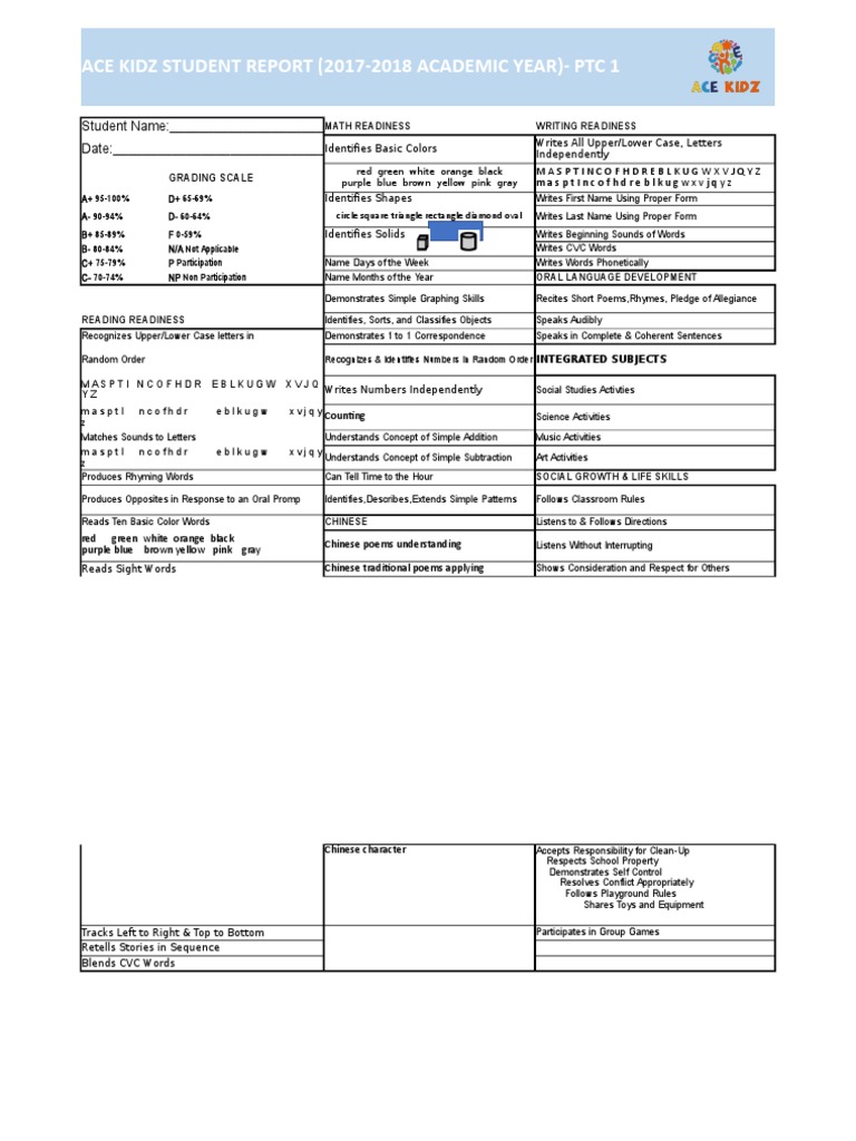 Ace Kidz Student Report (2017-2018 Academic Year) - PTC 1 | PDF ...