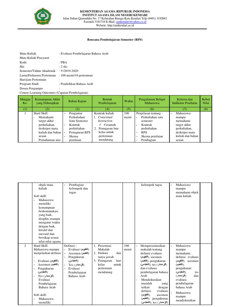 RPS Evaluasi Pembelajaran Bahasa Arab | PDF