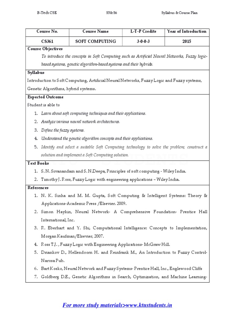 Cs361 Soft Computing Cse Syllabus Semesters 5 Pdf Pdf Fuzzy Logic Artificial Neural Network 5924