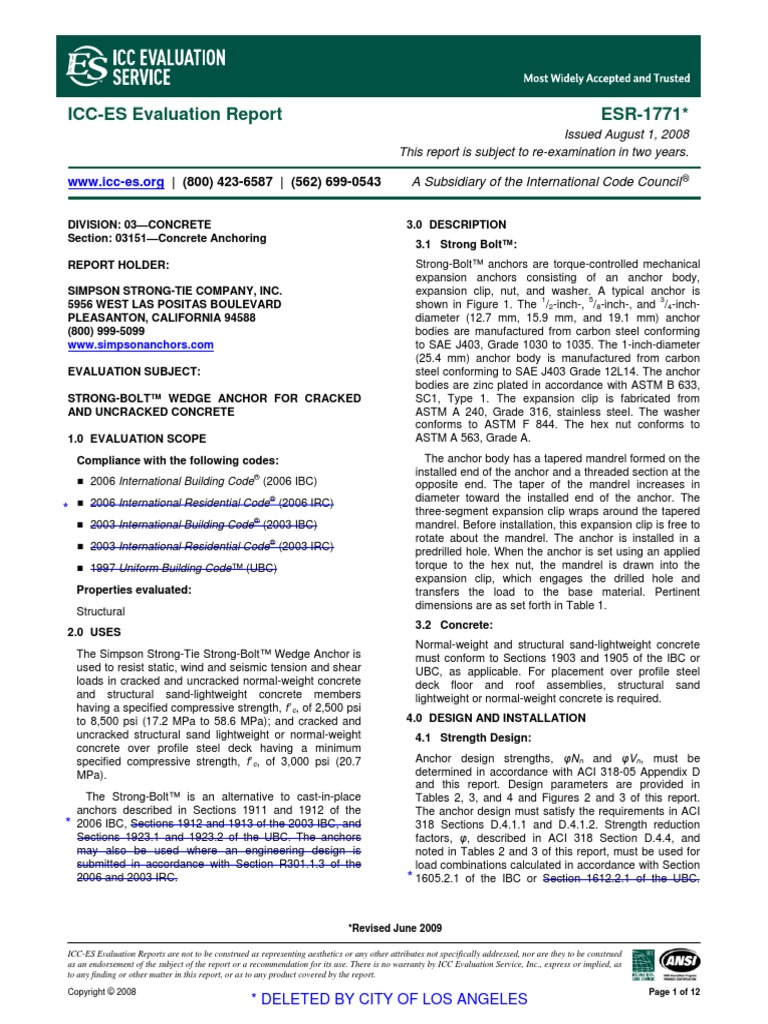 ICC-ES Evaluation Report ESR-1771 | PDF | Strength Of Materials | Concrete