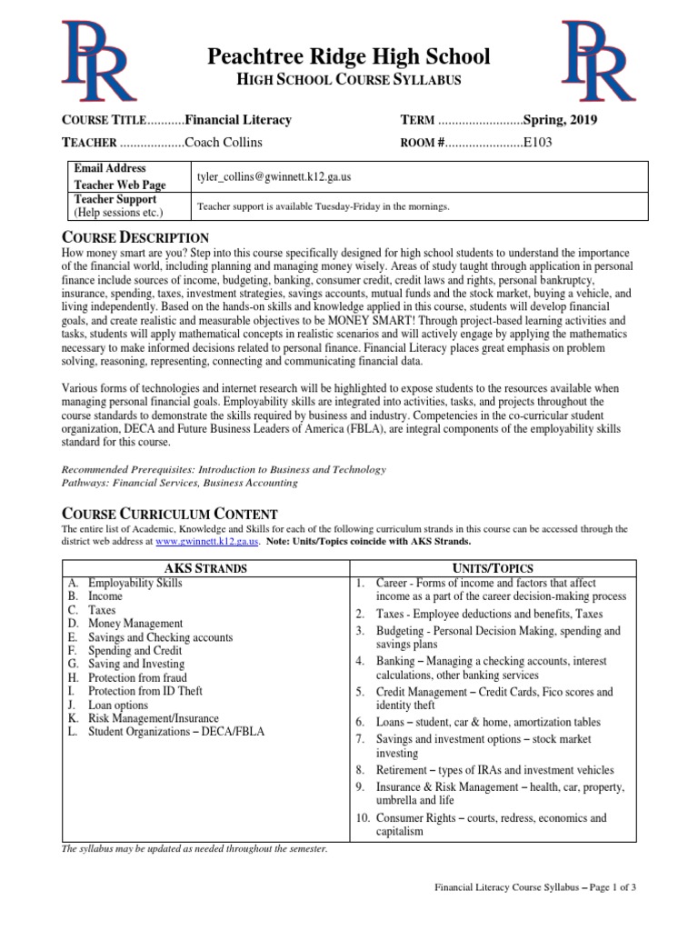 High School Financial Literacy Syllabus | PDF | Personal Finance ...