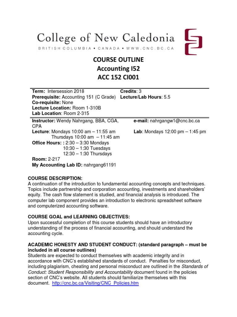Course Outline Accounting I52 ACC 152 CI001 | PDF | Accounting | Test ...
