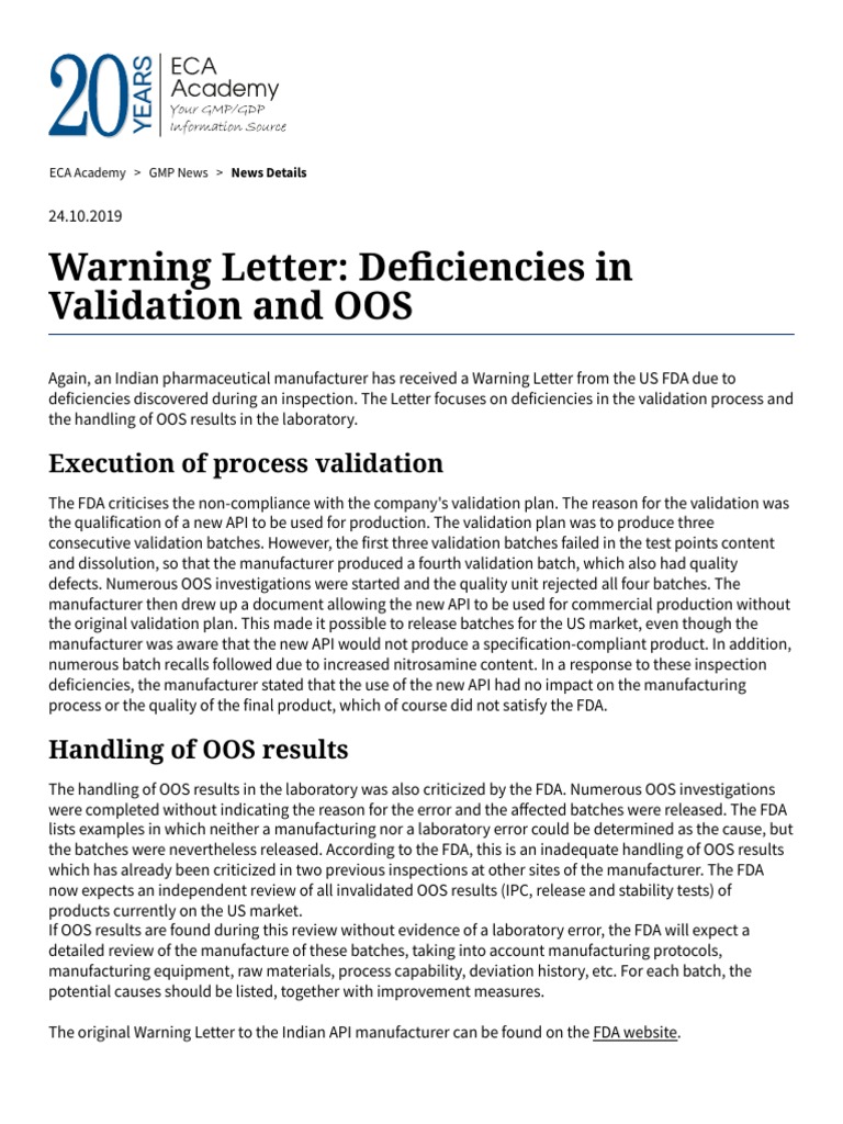 Warning Letter_ Deficiencies in Validation and OOS - ECA Academy | Food ...