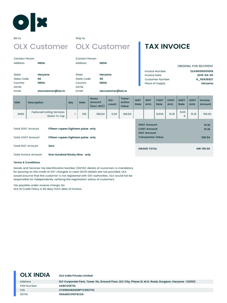 OLX India Private Limited Tax Invoice for Featured Listing Services Provided to OLX Customer ...