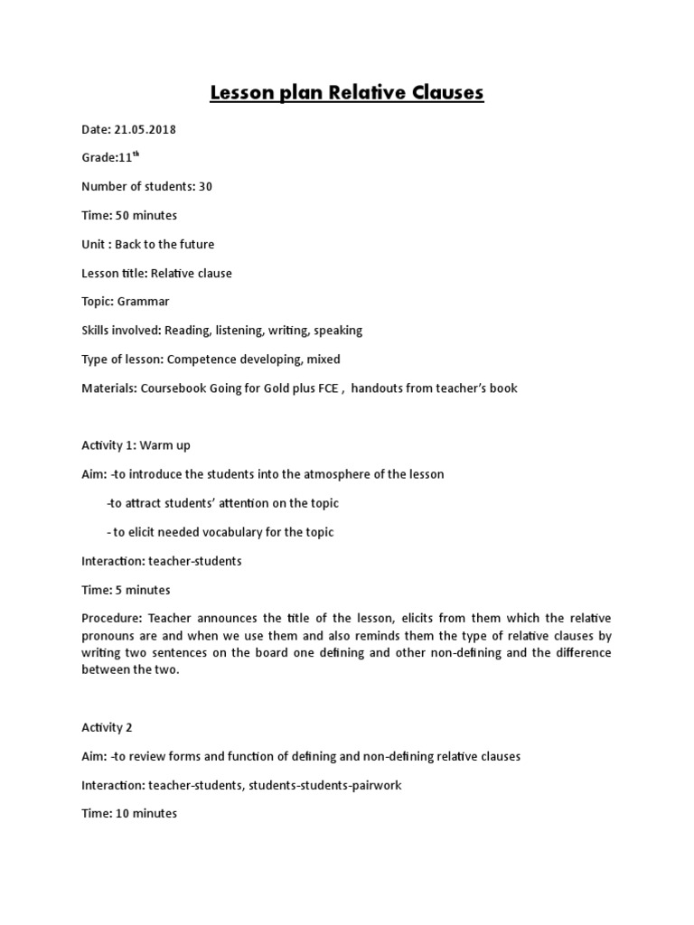 Lesson Plan Relative Clauses | Download Free PDF | Sentence ...