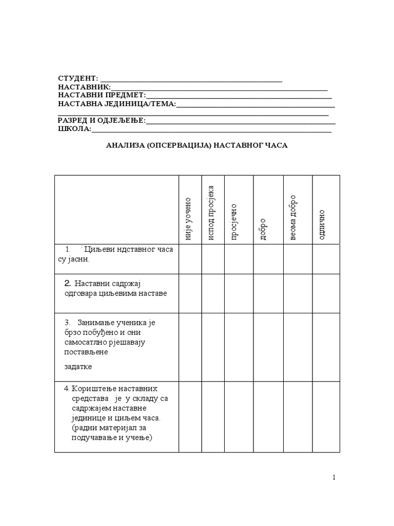 Opservacija Analiza Nastavnog Casa PDF | PDF