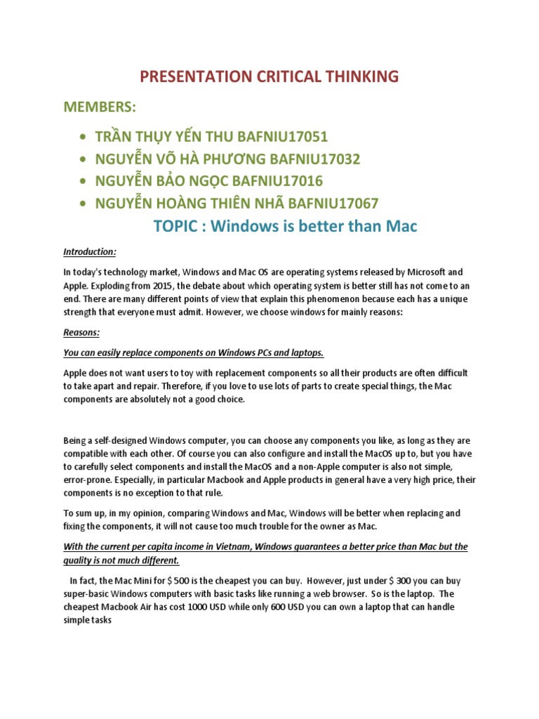 Critical Thinking Report | PDF | Laptop | Usb