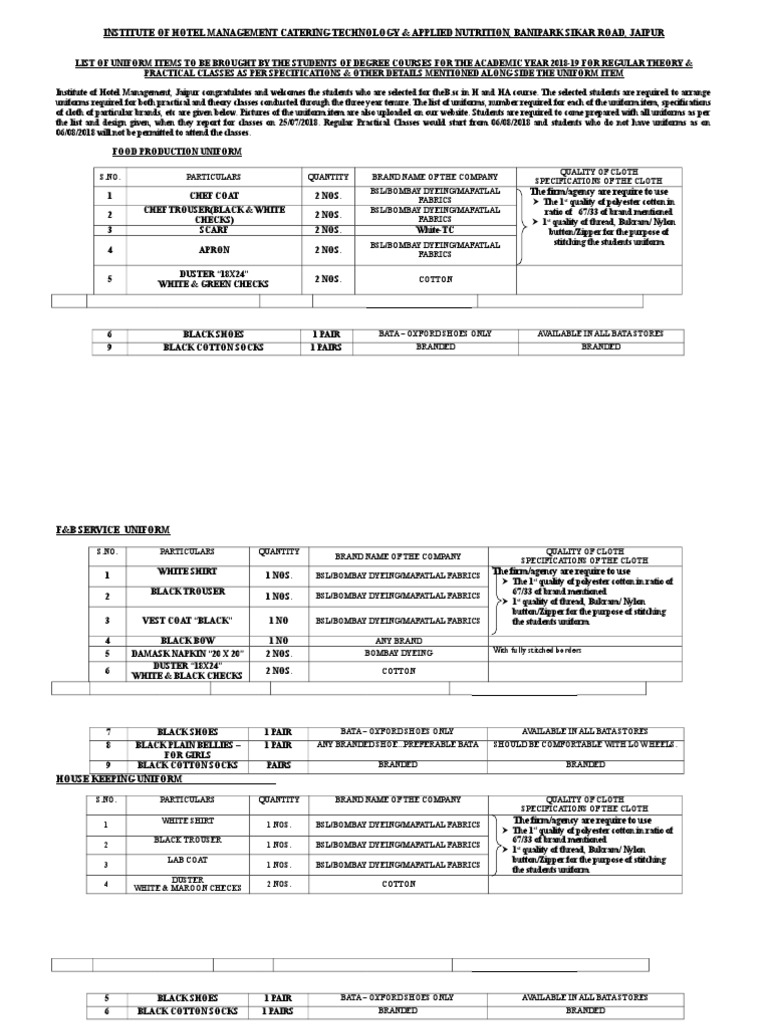 Hotel Management Student Uniform Guide | PDF | Sock | Textiles