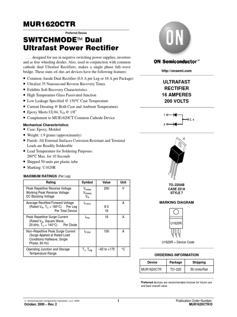 Ultrafast Power Rectifier MUR1620CTR | PDF | Rectifier | Amplifier