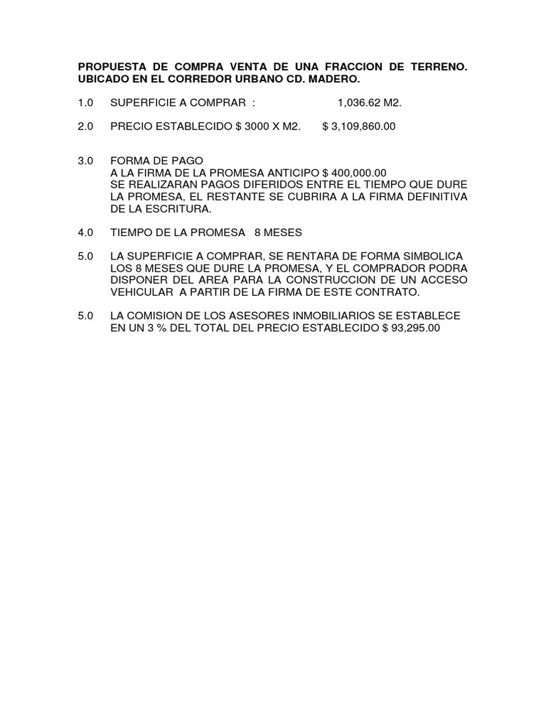 Propuesta de Compra Venta de Una Fraccion de Terreno | PDF