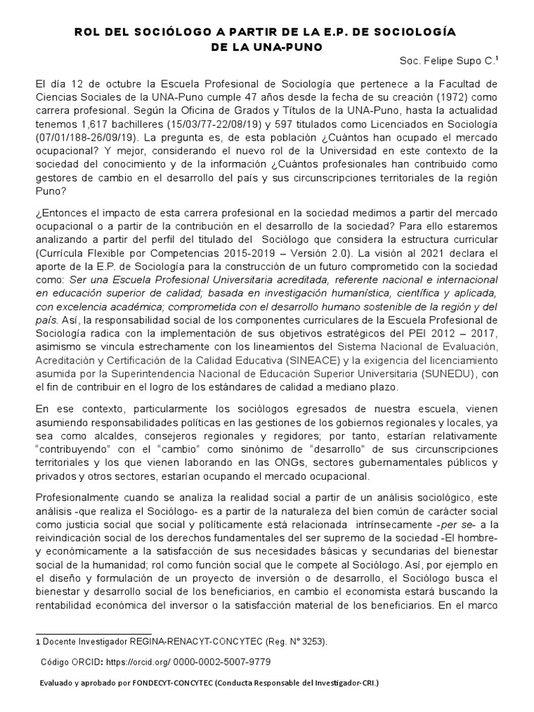 Rol del Sociólogo en la UNA-Puno | PDF | Sociología | Sociedad
