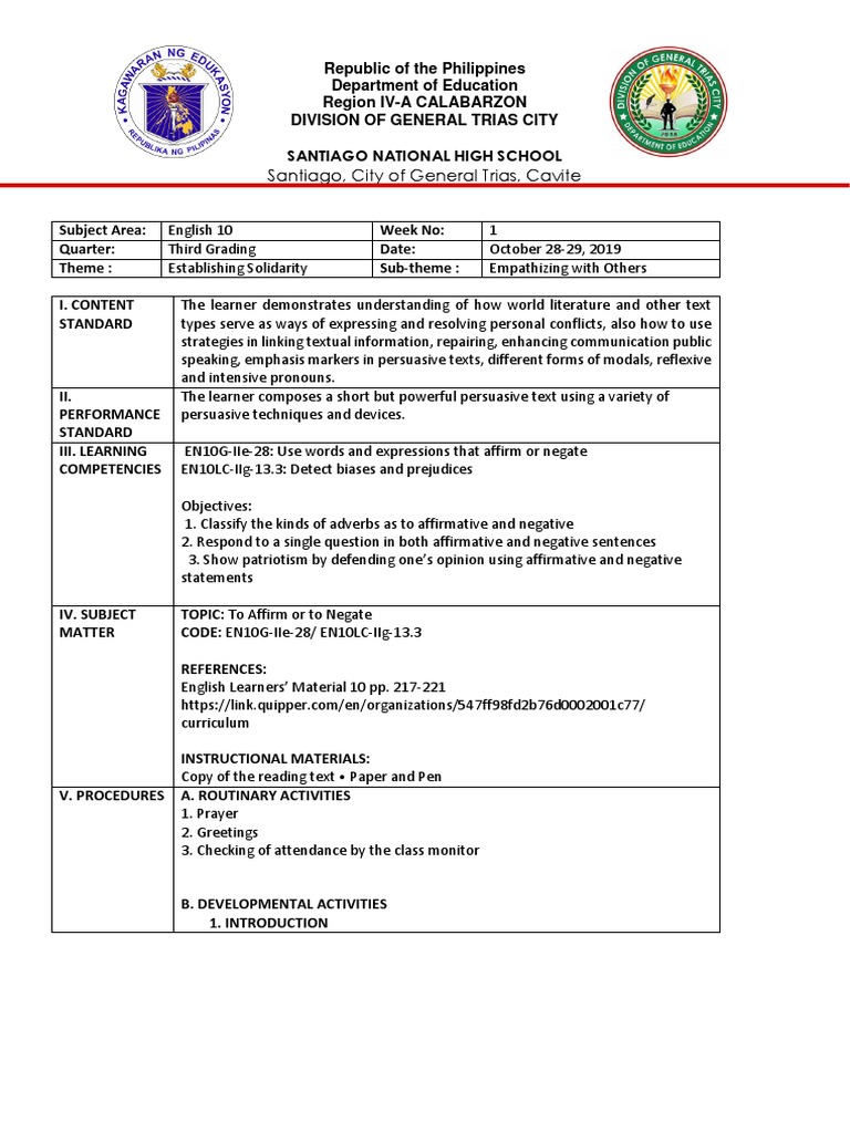 Santileces DLP Engl10 Week 1 October 27-31, 2019 | PDF | Sentence ...