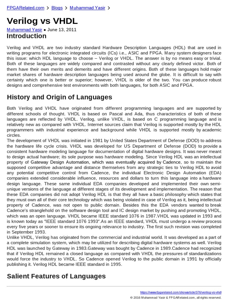 Verilog Vs VHDL: June 13, 2011 | PDF | Vhdl | Hardware Description Language