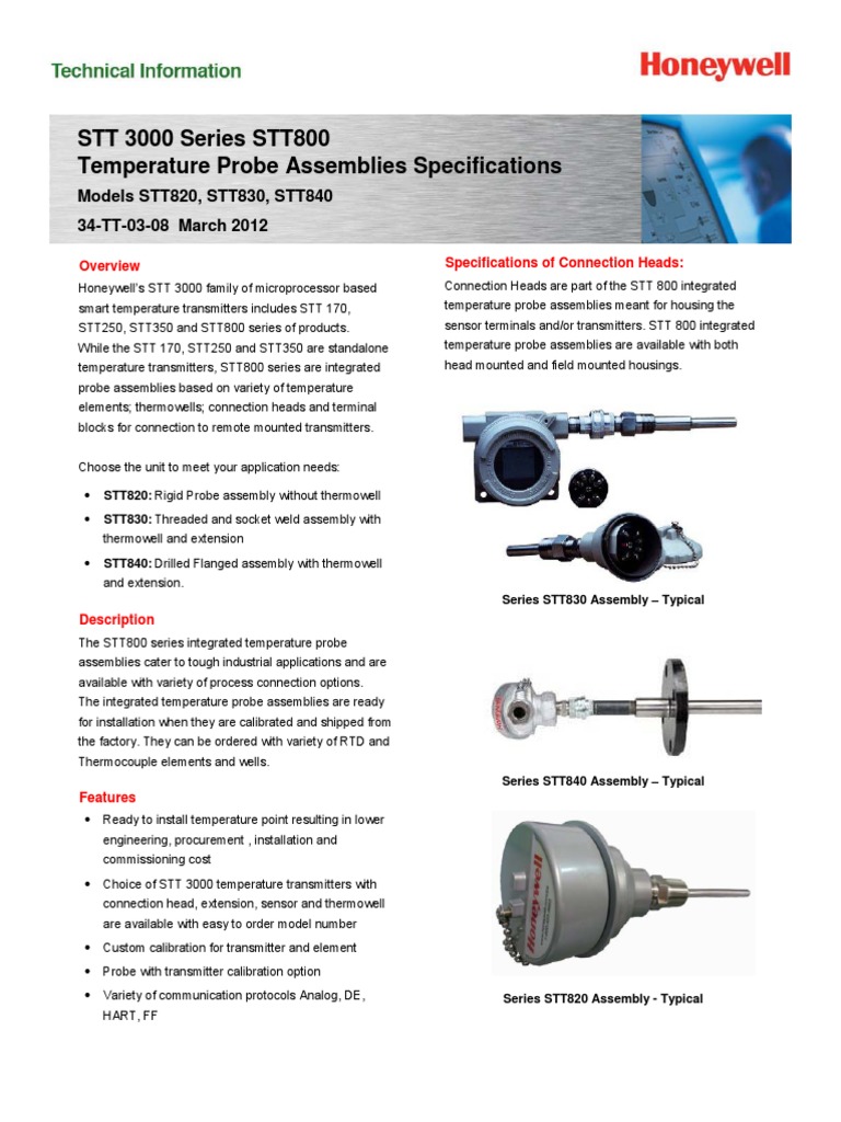 STT 3000 Series STT800 Temperature Probe Assemblies Specifications ...