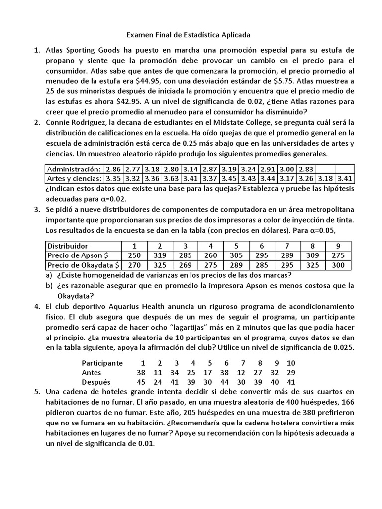 Examen Final de Estadistica Aplicada | PDF | Muestreo (Estadísticas) | Métodos de evaluación