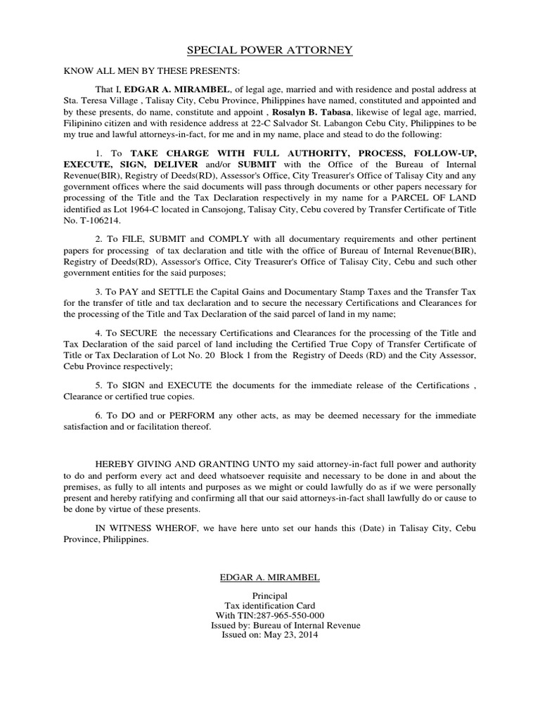 SPA Philippines | PDF | Power Of Attorney | Taxes