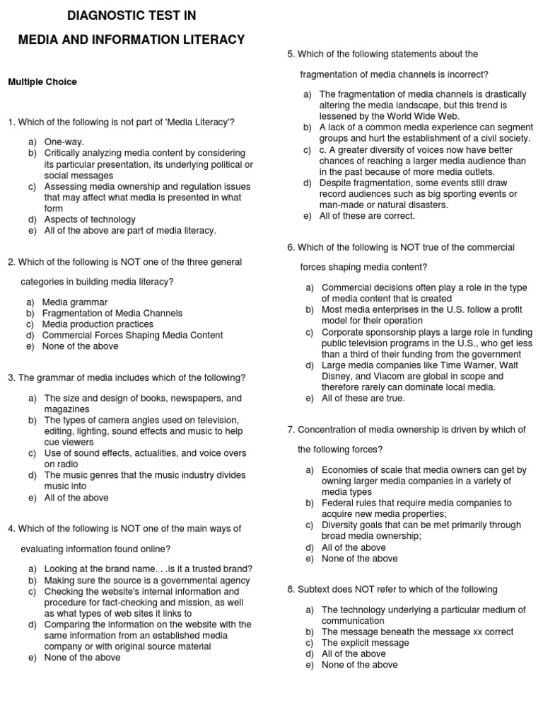 Short Diagnostic Test in Mil | PDF | Mass Media | Public Opinion