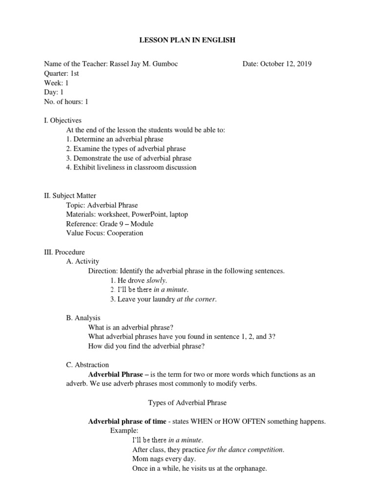 Adverbial Phrase Lesson Plan | PDF | Phrase | Adverb
