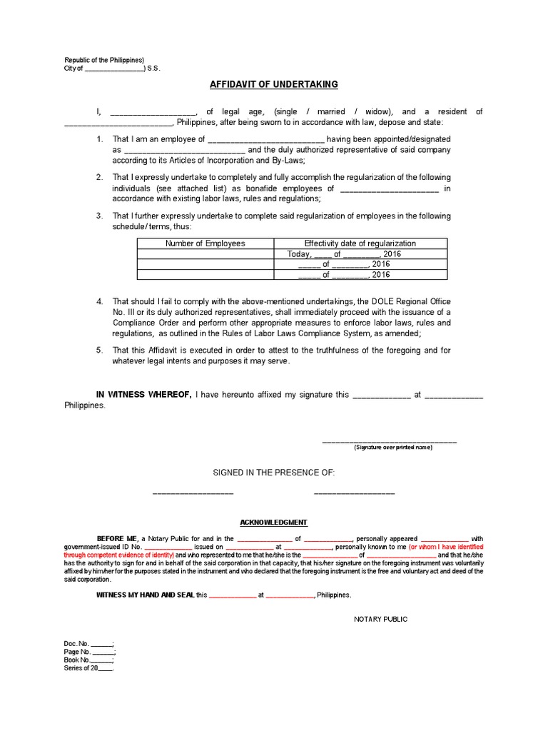 Affidavit of Undertaking (Compliance With DO 174) | PDF | Notary Public ...