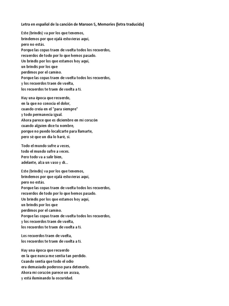 Letra en español de "Memories" de Maroon 5 | PDF