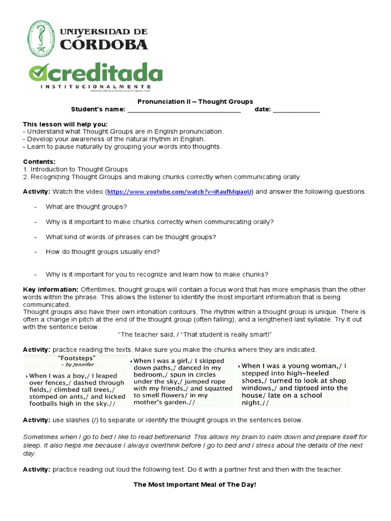 Pronunciation II - Thought Groups Student's Name: - Date: - This Lesson ...