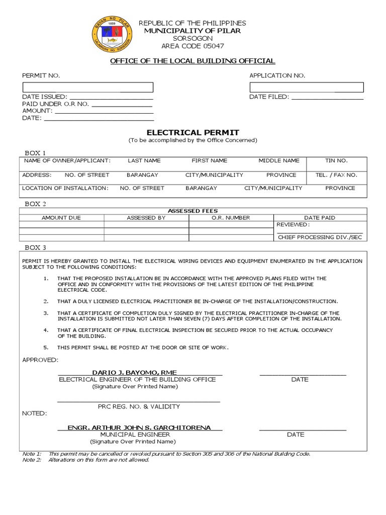 Electrical Permit: Municipality of Pilar | PDF | Social Institutions ...