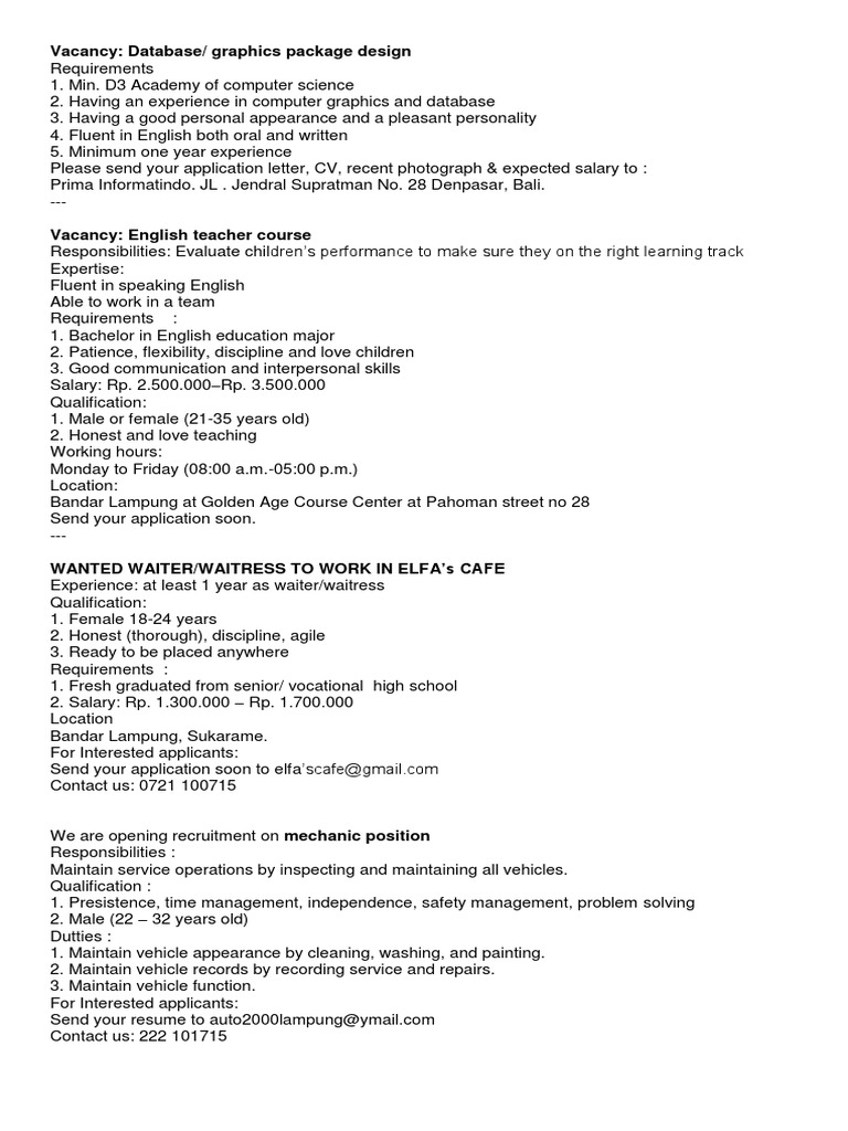 The Examples of Job Vacancy | PDF | Learning