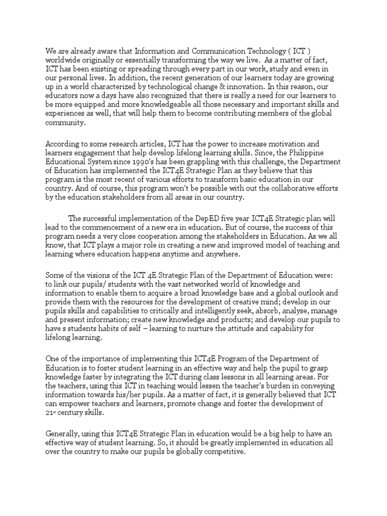 The Successful Implementation of The Deped Five Year Ict4E Strategic ...