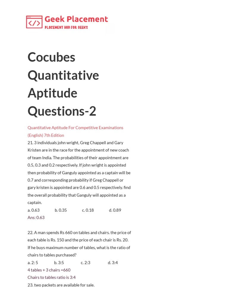 Cocubes Quantitative Aptitude Questions-2: Quantitative Aptitude For ...