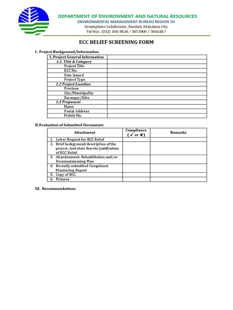 ECC Relief Screening Form | PDF