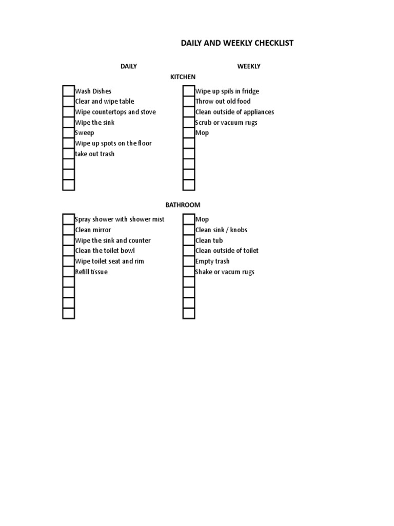 Daily and Weekly Cleaning Checklist | PDF