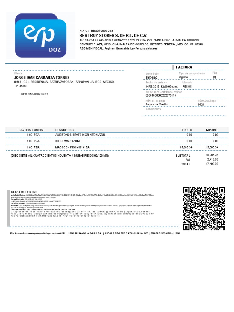 Best Buy Stores S. de R.L. de C.V.: Factura | PDF | Business