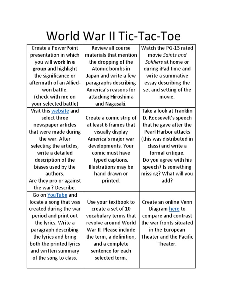 World War II Tic Tac Toe Edsc 304 | PDF