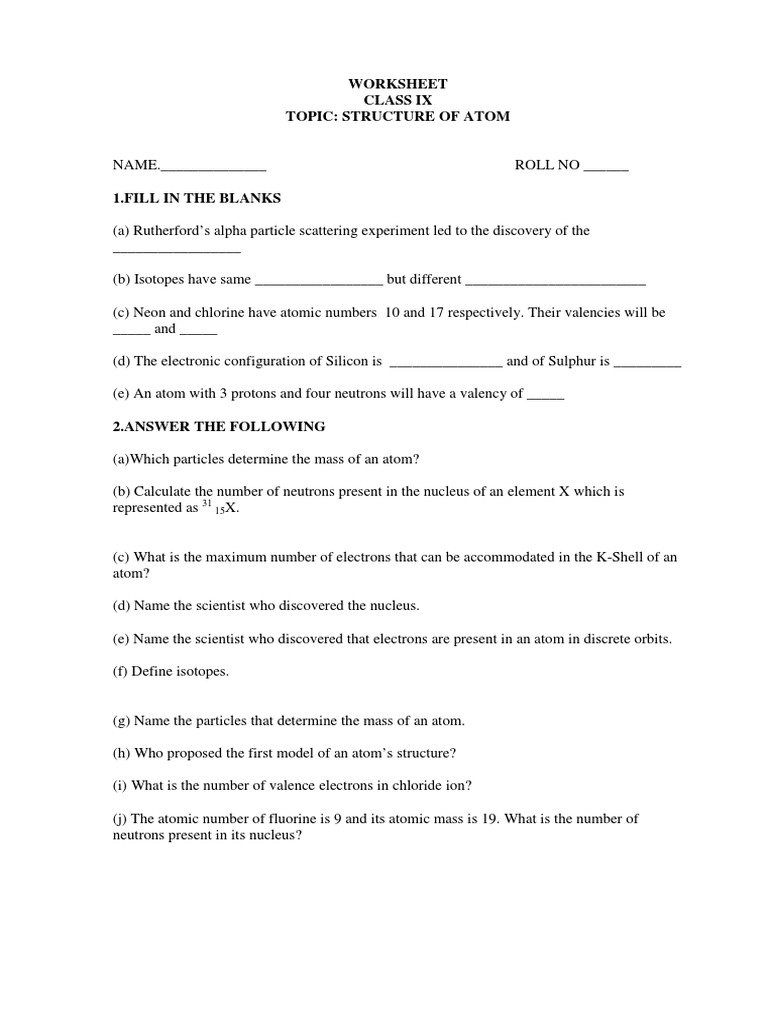 Class 9 Science Worksheets on Atoms | PDF | Atoms | Atomic Nucleus