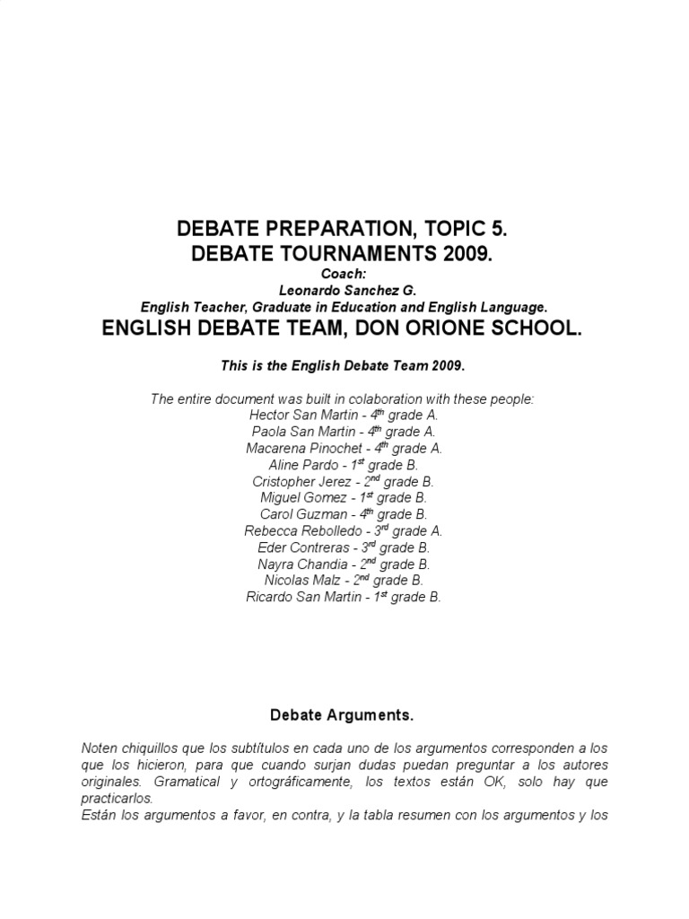 Debate Preparation, Topic 5. Debate Tournaments 2009 | PDF | English ...