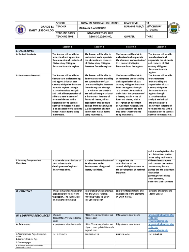 Grade 11 Daily Lesson Log: I. Objectives | PDF | Genre | Multimedia