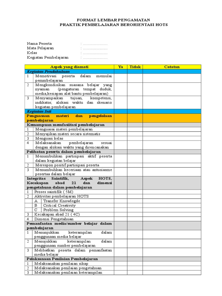 Format Lembar Pengamatan Praktek Mengajar | PDF