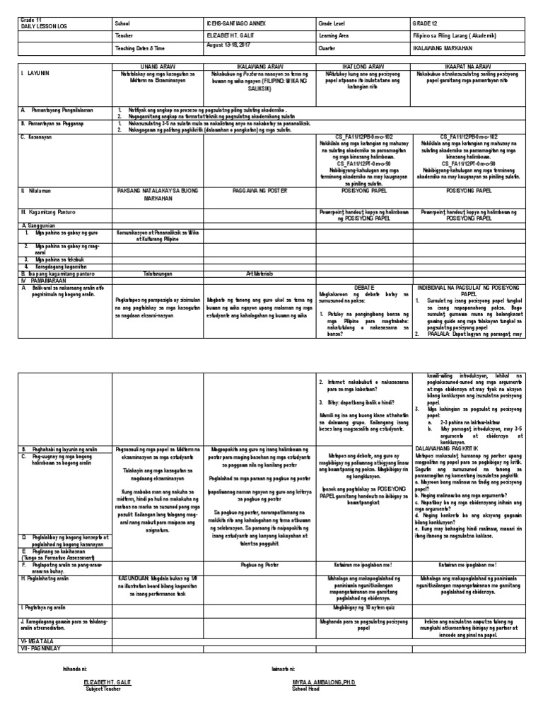 Akademik DLL Week Aug 28 Sept 1 Posisyong Papel | PDF